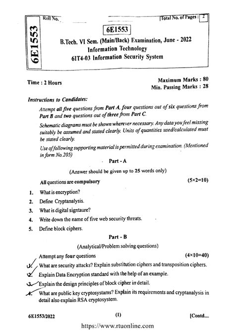 Btech It 6 Sem Information Security System 6e1553 Jun 2022 Machine Learning Studocu