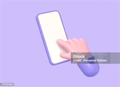 3d 휴대 전화와 만화 캐릭터가 화면을 터치하거나 탭 전화 홀더와 남자의 손 보라색 배경에 격리된 그림 3d 렌더링 3차원 형태에 대한 스톡 사진 및 기타 이미지 Istock