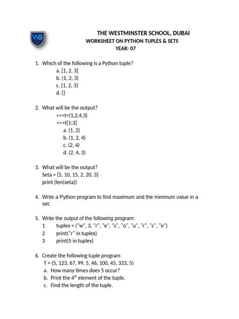 Python Tuple Sets Worksheet Pdf