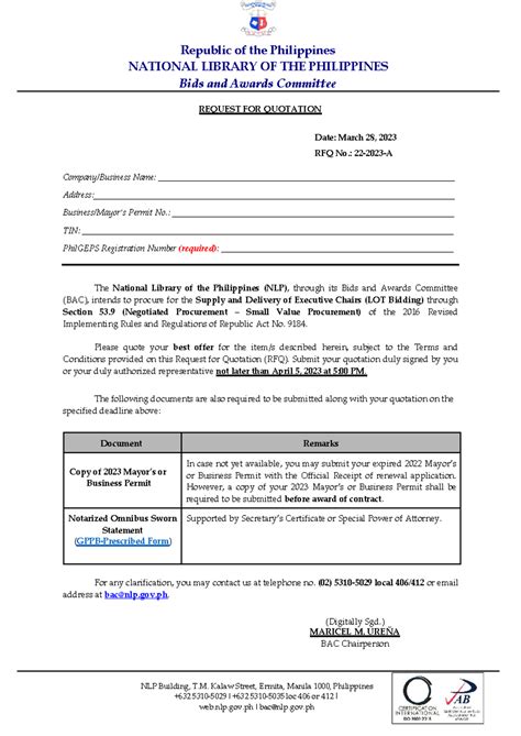 Rfq Sample Rfq National Library Of The Philippines Bids And Awards Committee Nlp Building T