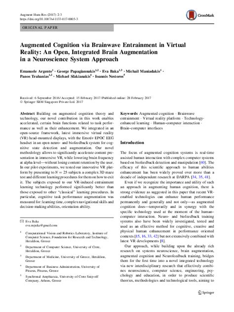 Pdf Augmented Cognition Via Brainwave Entrainment In Virtual Reality An Open Integrated