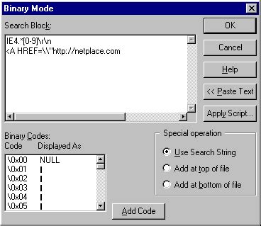 Binary Mode Dialog Search Replace