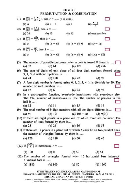Class Xi Permutation And Combination Worksheet Pdf