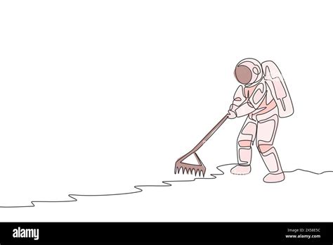 Single Continuous Line Drawing Cosmonaut Leveling And Flattening Land