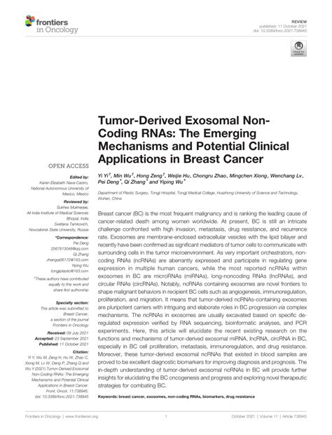 PDF Tumor Derived Exosomal Non Coding RNAs The Emerging Mechanisms And Potential Clinical