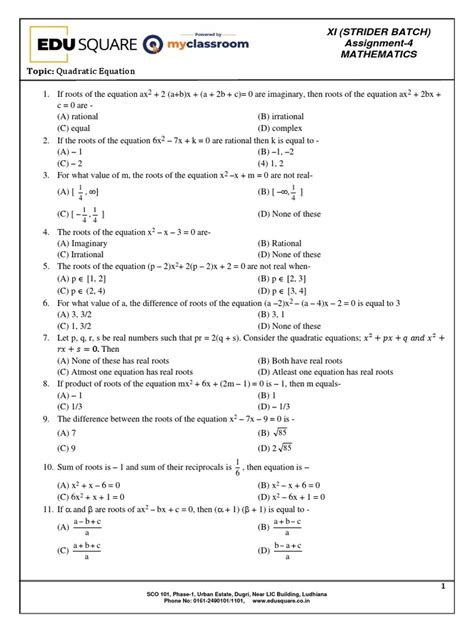 10 1 assignment 4 quadratic equation maths pdf