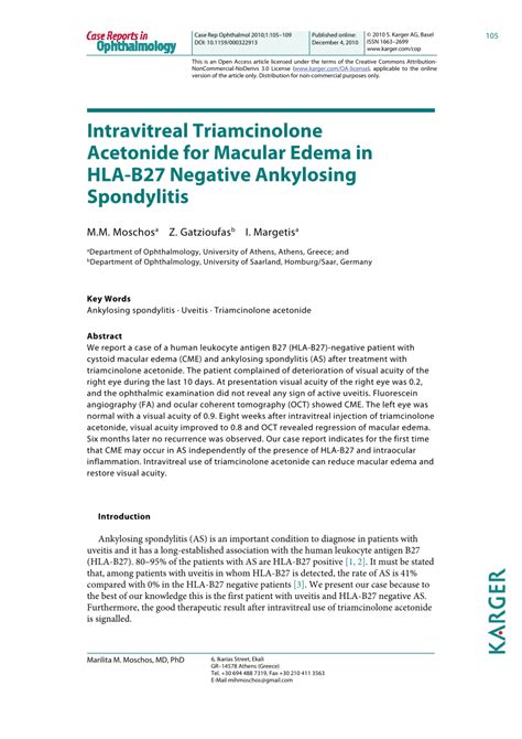 Pdf Intravitreal Triamcinolone Acetonide For Macular Edema In Hla B27 Negative Ankylosing