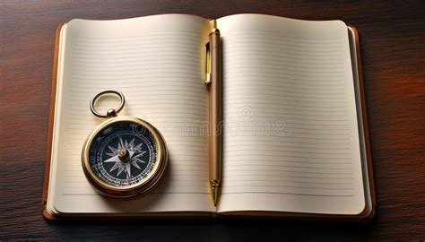 Antique Compass On An Open Notebook Symbolizes Exploration And Guidance