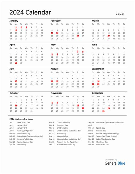 2024 Japan Calendar With Holidays