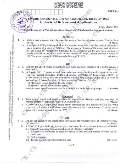 Vtu Question Paper Of 18ee741 Industrial Drives And Application June July 2023 Pdf