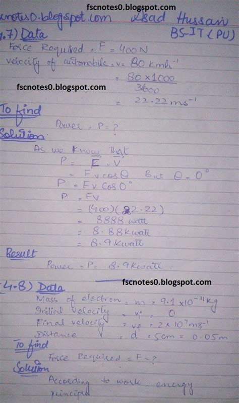 F Sc ICS Notes Physics XI Chapter 4 Work And Energy Numerical Problems