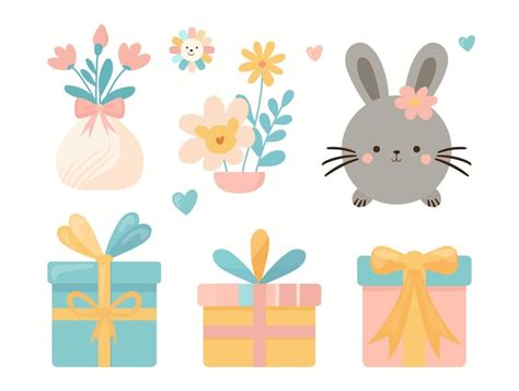 Premium Vector Cute Easter Bunny With T Boxes And Flowers