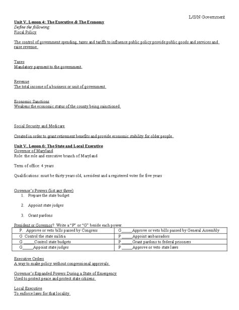 Copy Of Unit V Lessons L S N Government Unit V Lesson The