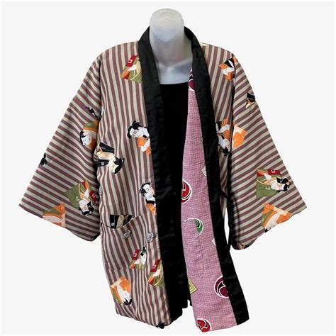 Traditional Japanese Reversible Hanten Coat Unisex Stripe Kabuki P
