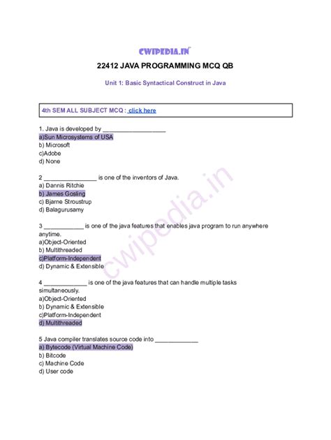 fillable online java programming 22412 question bank unit i basic