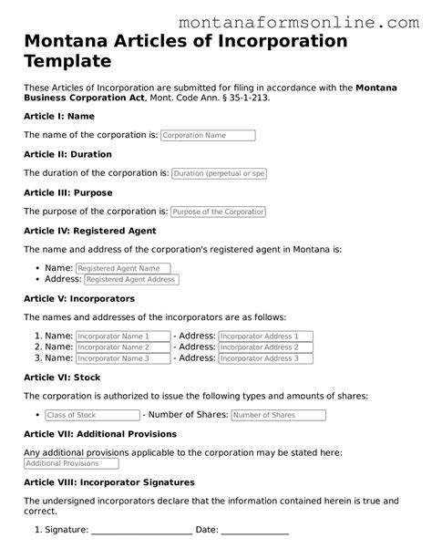 Montana Articles Of Incorporation Template — Pdf Form