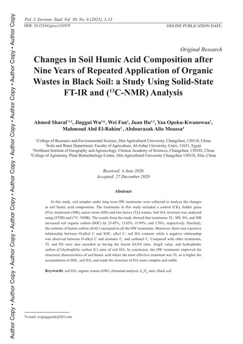 PDF Changes In Soil Humic Acid Composition After Nine Years Of Repeated Application Of Organic