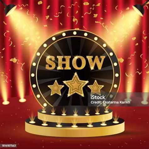 연단을 표시합니다 별이 있는 3d 복고풍 쇼 연단 쇼 장면 무대 스튜디오 또는 방 Led 조명에 대한 스톡 벡터 아트 및 기타 이미지 Led 조명 가능성 경쟁