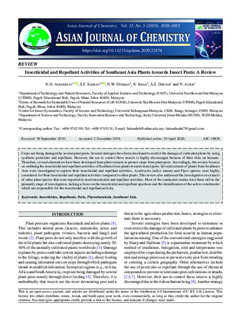 Pdf Insecticidal And Repellant Activities Of Southeast Asia Plants Towards Insect Pests A Review