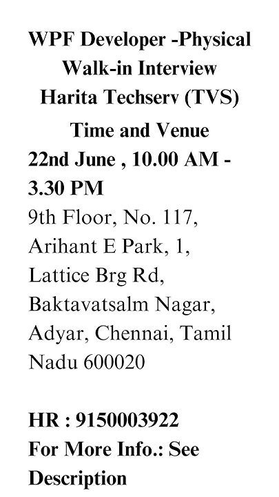 Wpf Developer Physical Walk In Interview Harita Techserv Tvs Youtube