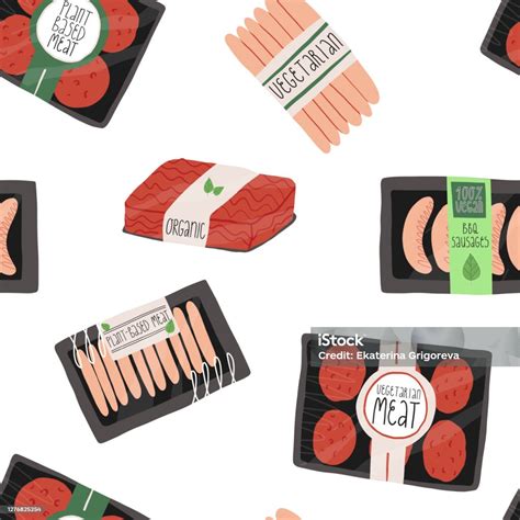 다양한 식물 성 육류는 매끄러운 패턴을 포장합니다 손으로 그린 비건 다진 채식 바베큐 소시지 패티 등 벡터 격리 된 그림입니다 고기에 대한 스톡 벡터 아트 및 기타 이미지