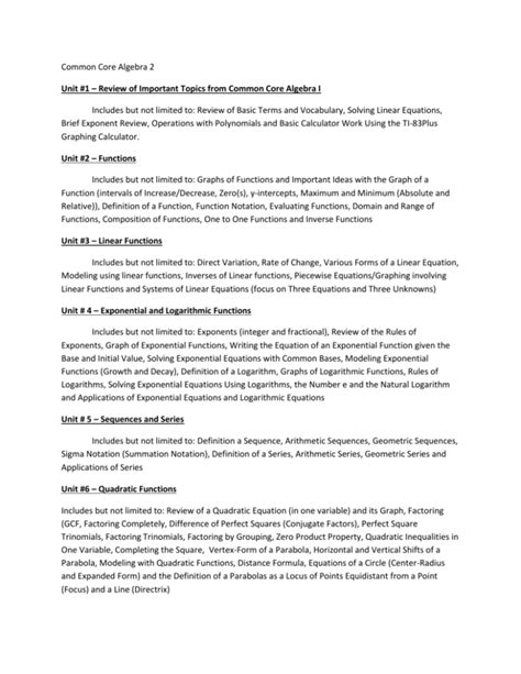 Common Core Algebra Syllabus Course Overview