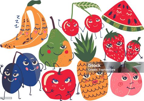 웃는 얼굴로 귀여운 재미 과일 세트 바나나 배 매 화 사과 체리 박 딸기 파인애플 복숭아 만화 캐릭터 벡터 일러스트 건강한 식생활에 대한 스톡 벡터 아트 및 기타 이미지