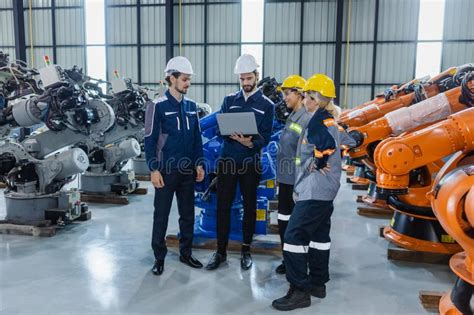 Female Engineers Working Robot Assembly Industry Plant In Factory Holding Clipboard Checking