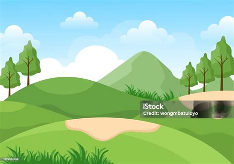 플랫 만화 배경 일러스트에서 야외 마당 녹색 식물에 플래그 모래 지상 모래 벙커 및 장비와 골프 스포츠를 재생 개체 그룹에 대한 스톡 벡터 아트 및 기타 이미지 Istock