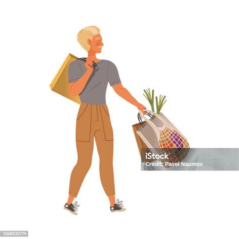 식료품 으로 가방을 들고 남자 일상적인 만화 벡터 일러스트를 하는 주부 가사 집안일에 대한 스톡 벡터 아트 및 기타 이미지