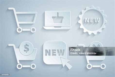 새 텍스트 가격표 장바구니 및 달러 쇼핑 장바구니 노트북 및 아이콘 제거가 있는 버튼 설정 벡터 3차원 형태에 대한 스톡 벡터 아트 및 기타 이미지 Istock