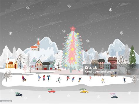 새해에 야외 활동을 즐기는 사람들과 함께 밤에 겨울 풍경 사람들이 축하하는 마을에서 크리스마스 날 아이스 스케이트를 치는 아이 눈이 내리는 청소년 스키 2021년에 대한