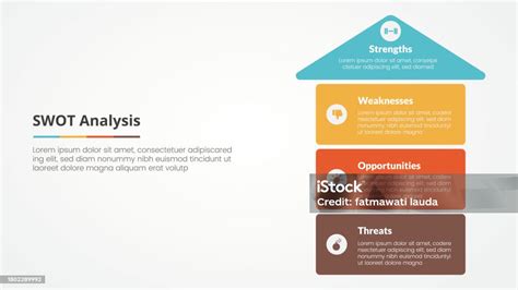 Swot 비즈니스 프레임 워크 전략적 템플릿 화살표 상단 방향 및 상자 스택 구조가있는 슬라이드 프리젠 테이션에 대한 인포