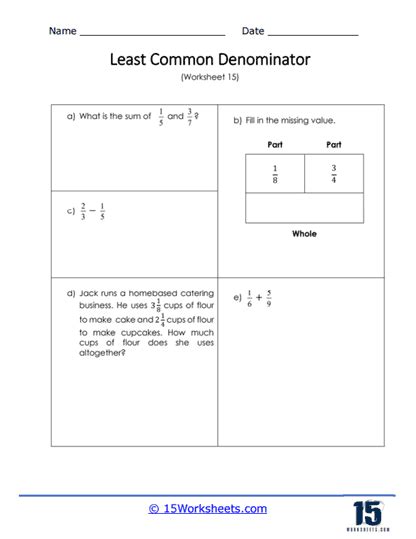 Least Common Denominator Worksheets Fraction Series 15