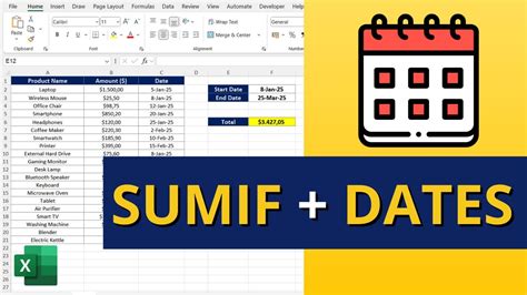 Sumif With Date And Sumifs With Date Range Youtube