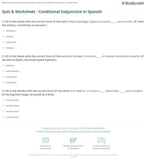 Quiz And Worksheet Conditional Subjunctive In Spanish