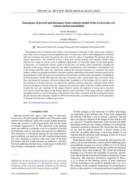 Pdf Emergence Of Growth And Dormancy From A Kinetic Model Of The Escherichia Coli Central