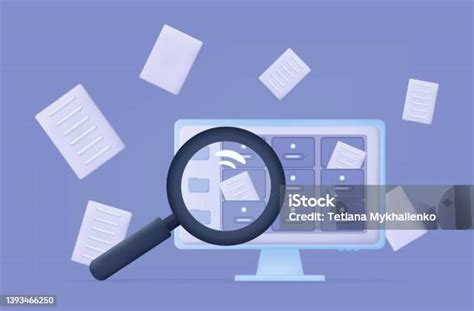 아카이브 파일 3d 벡터 일러스트레이션 돋보기 컴퓨터 화면에 보관 문서가있는 상자 데이터베이스 스토리지 오래된 서류 또는 계약을