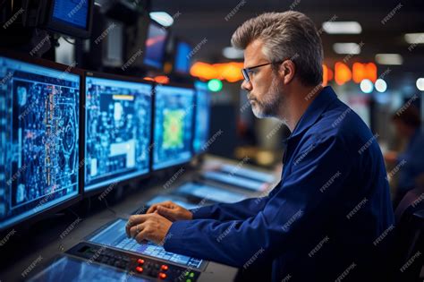 Premium Photo Engineer Analyzing Complex Data On Multiple Computer Screens In A Hightech