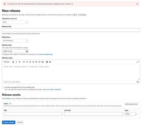 Error Creating A Release Did Not Find Expected Key While Parsing A