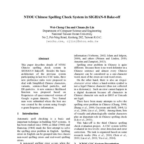 Ntou Chinese Spelling Check System In Sighan 8 Bake Off Acl Anthology