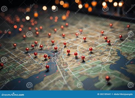 Navigational Tableau City Map Adorned With Red Pins Marking Routes Stock Illustration
