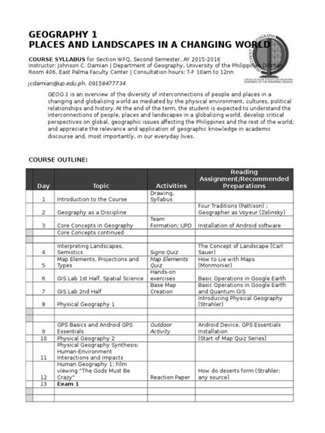 Geog 1 Updated Syllabus Pdf Geography Academic Dishonesty