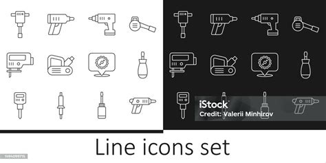 세트 라인 전기 무선 드라이버 스크루 드라이버 대패 도구 퍼즐 건설 착암기 원형 블레이드 및 아이콘 벡터 강철에 대한 스톡 벡터