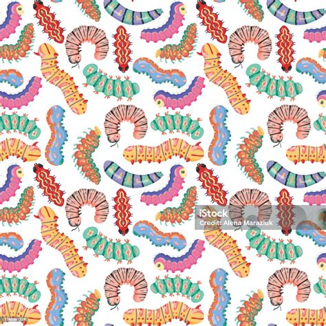 흰색 배경에 만화 밝은 유충 굼벵이 및 털이 많은 지네가있는 완벽한 패턴 곤충 배경 배너 어린이 패턴 장식용 벡터 일러스트 레이 션 곤충에 대한 스톡 벡터 아트 및 기타