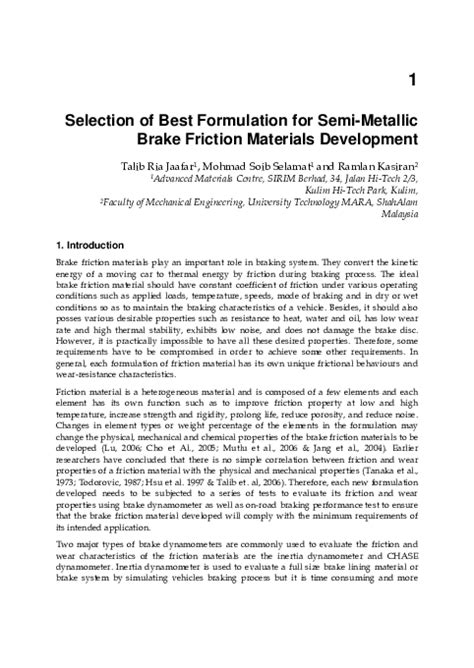 Pdf Selection Of Best Formulation For Semi Metallic Brake Friction Materials Development