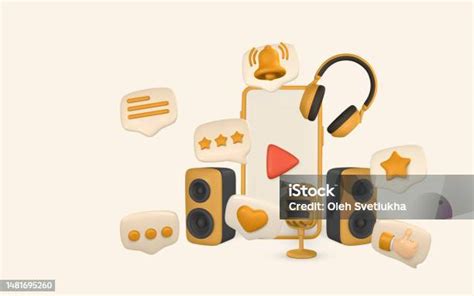 스마트 폰 마이크 음악 노트 헤드폰 및 오디오 스피커 만화 스타일의 소셜 아이콘이 있는 말풍선 벡터 그림 3차원 형태에 대한 스톡 벡터 아트 및 기타 이미지 Istock