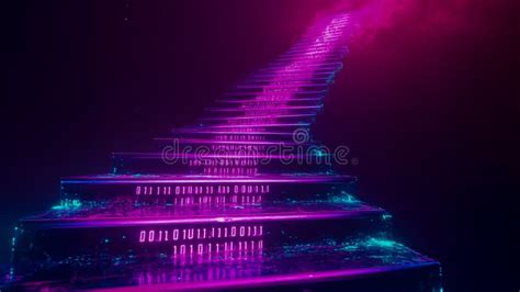 Glowing Digital Staircase With Binary Code Flowing Upward Stock