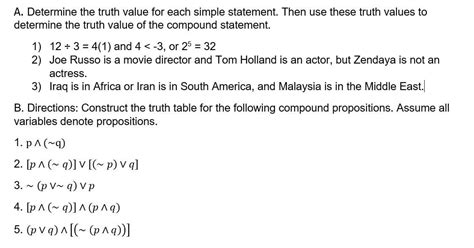 Solved A Determine The Truth Value For Each Simple Chegg Com