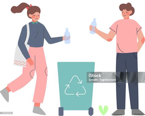 재활용 기호로 쓰레기통에 플라스틱 쓰레기를 버리는 남자와 여자 만화 스타일 벡터 일러스트를 재활용하기 위해 쓰레기를 모으는